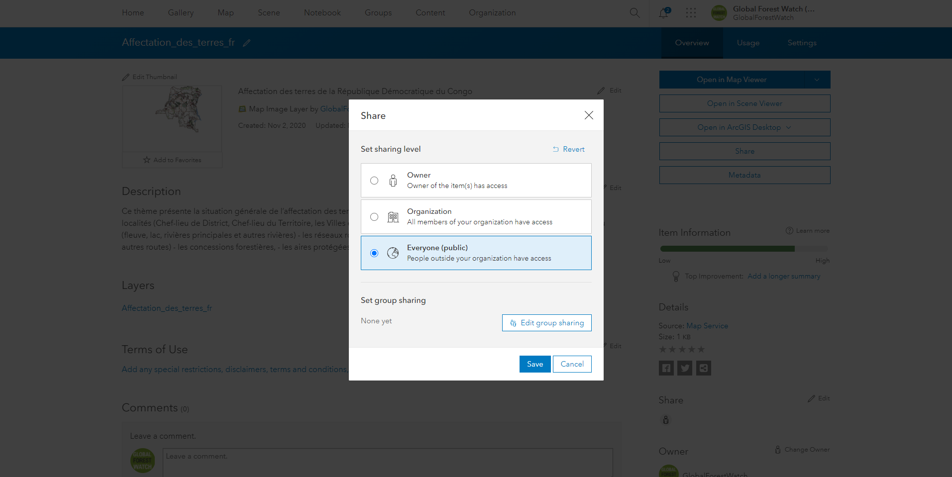 Ensure your service is shared publicly.