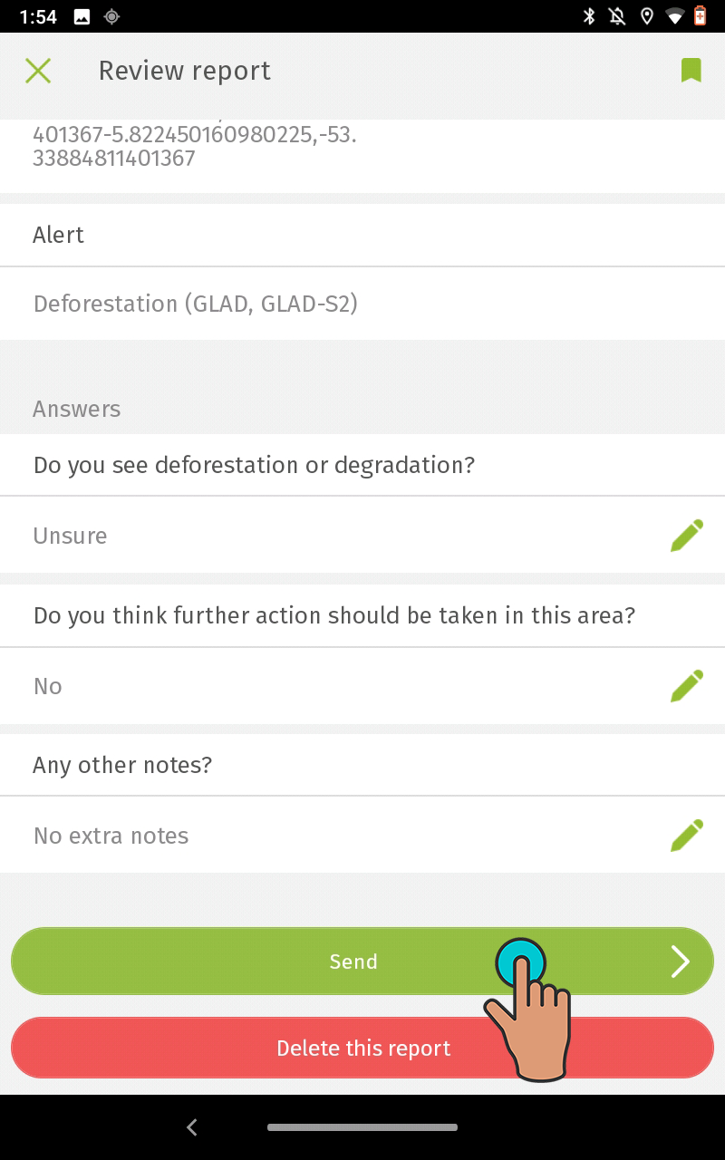 After answering a series of questions, tap “Send” to save the report to your device.