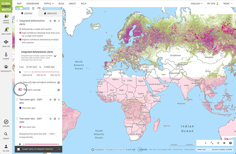 “Geographic coverage” is activated for the deforestation alerts ...