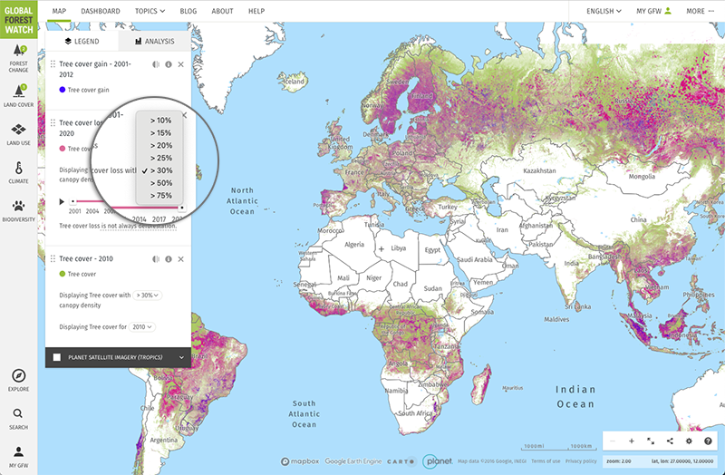 The default tree cover canopy density for the tree cover and tree cover ...