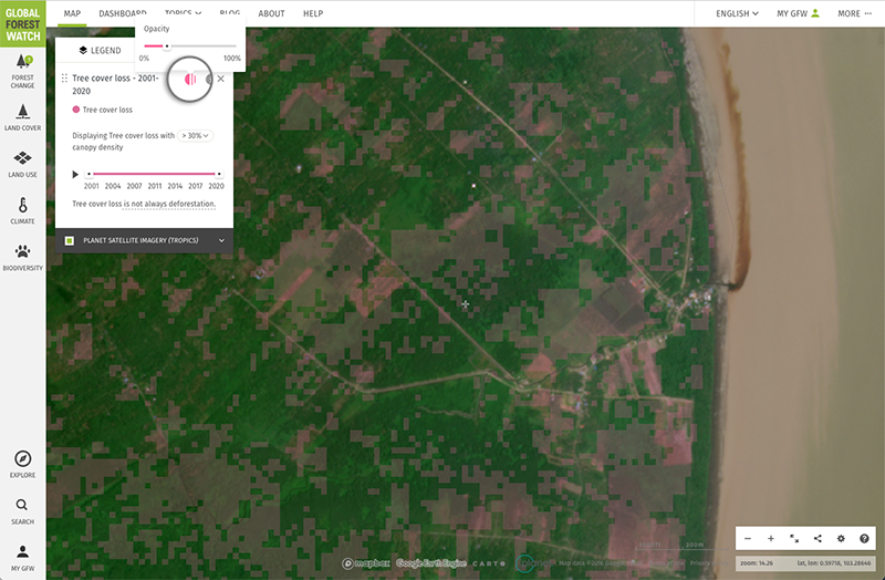 The opacity of tree cover loss was lowered to offer a clearer picture ...