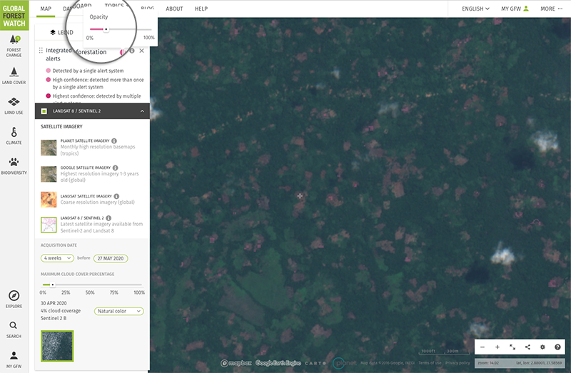 Reduce the deforestation alert opacity to help reveal more of the ...