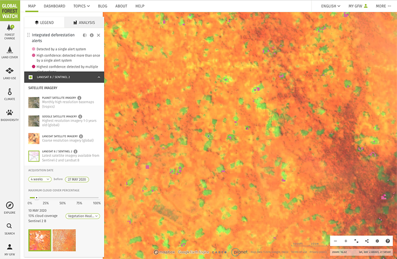 Activate the vegetation health imagery to help identify areas of likely ...